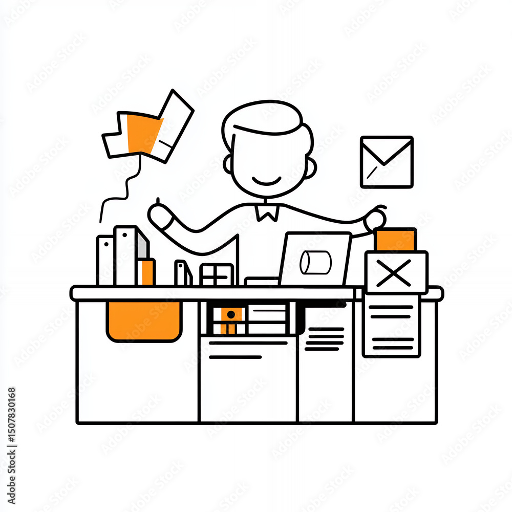 Line Art Office Worker Managing Tasks at Desk Stock Illustration ...