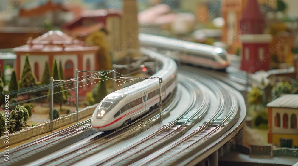 Miniature train set with high-speed trains on a city track layout ...