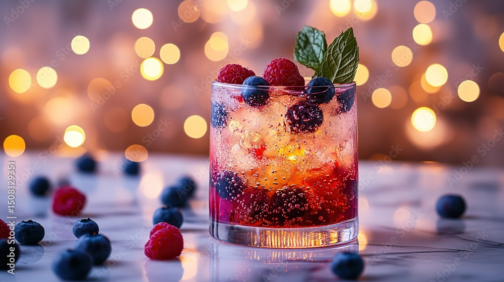 Tricolor cocktail with blueberries, raspberries, and mint, celebrating ...