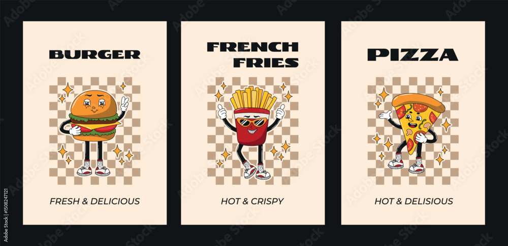 Groovy retro cartoon poster, card set with burger, pizza, french fries ...