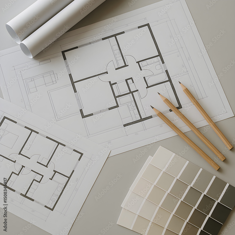Detailed architectural floor plans with color swatches and pencils ...