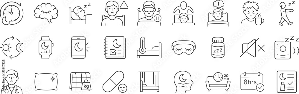 Sleep hygiene and night time health line icon set. Including vector ...