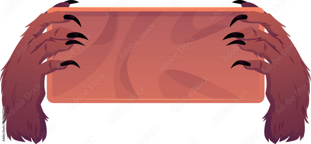 Creepy woolly paws, zombie hairy brown hands show a sign board, vector ...