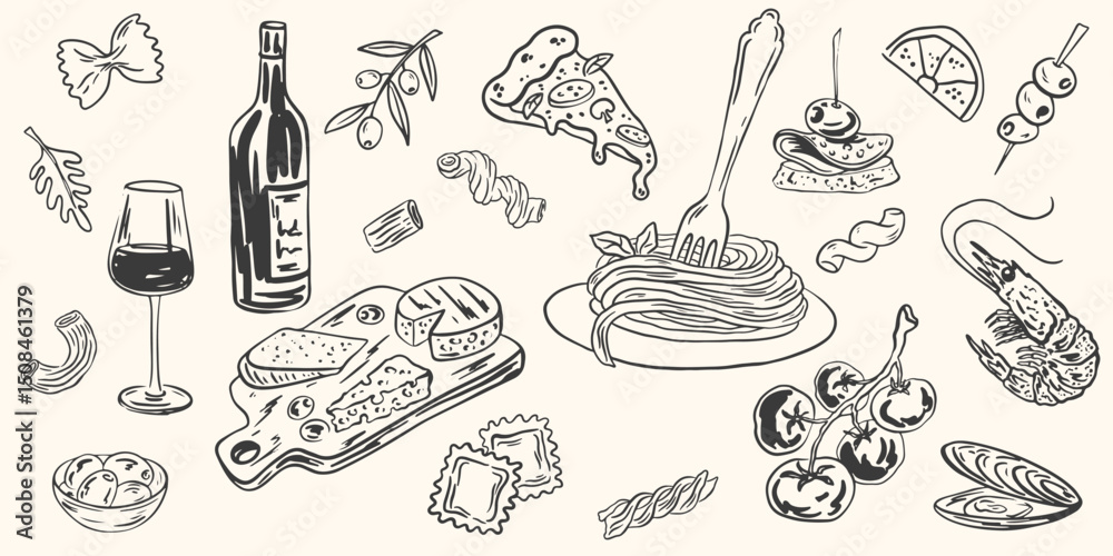 Hand drawn crayon food illustration. Sketch style lunch or dinner ...