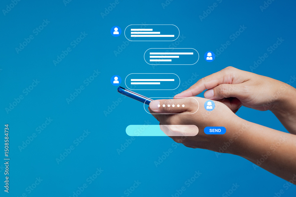Hands typing on smartphone with virtual chat bubbles, modern communication and messaging concept ...