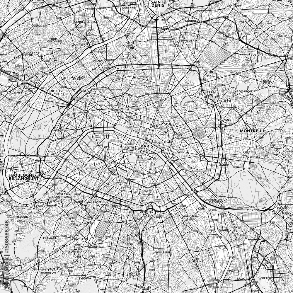 Paris Area Map with Labels and Neighborhoods - One color, minimalistic ...