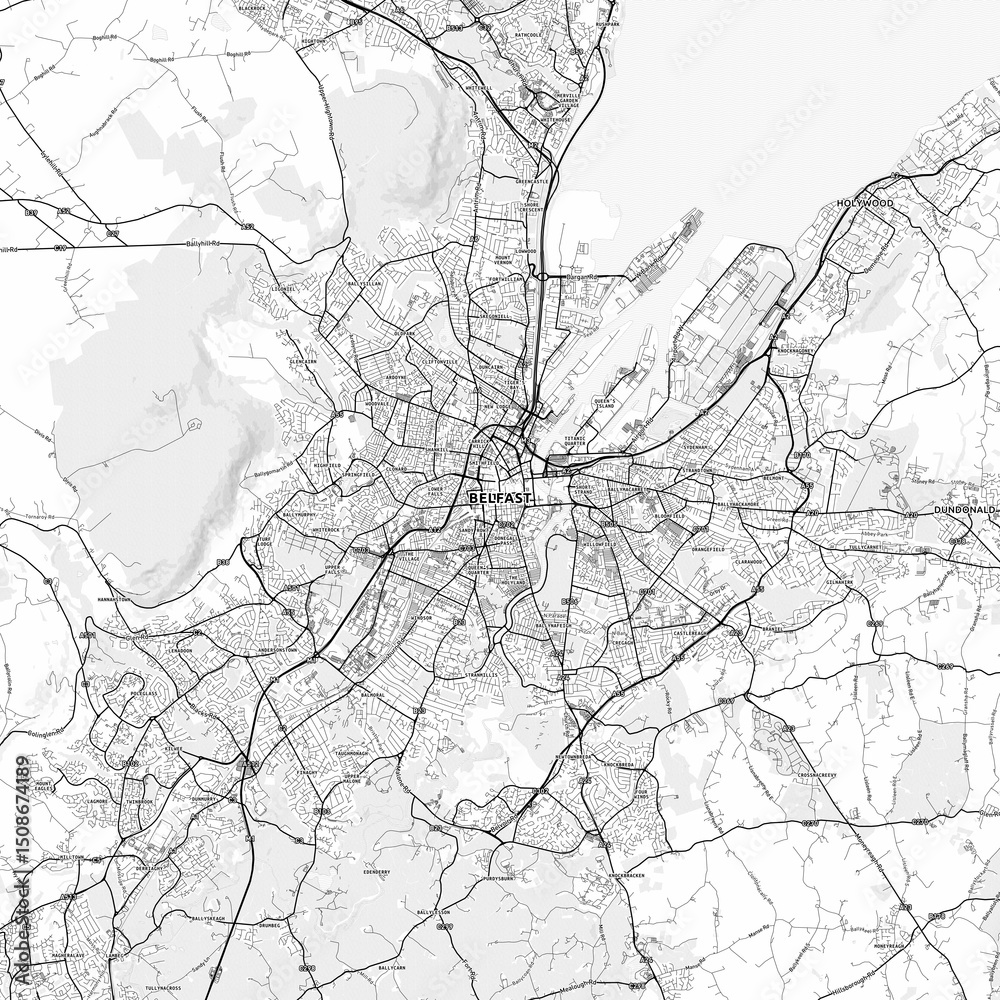 Belfast Area Map with Labels and Neighborhoods - One color ...