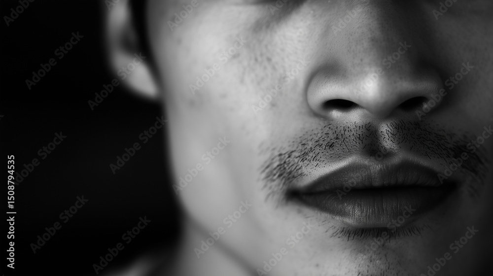 Macro close-up portrait of Asian man’s face with sharp focus on skin ...