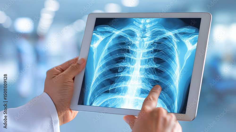 Doctor examining digital chest X ray on tablet with blue medical ...