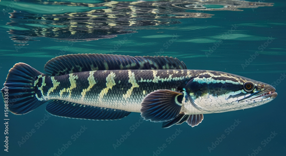 Malaysian Toman fish, also known as Giant Snakehead Fish swimming under ...