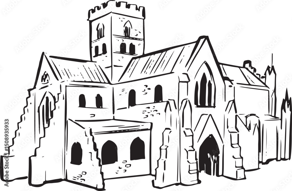 Carlisle Cathedral ink illustration. Norman and Gothic architecture ...