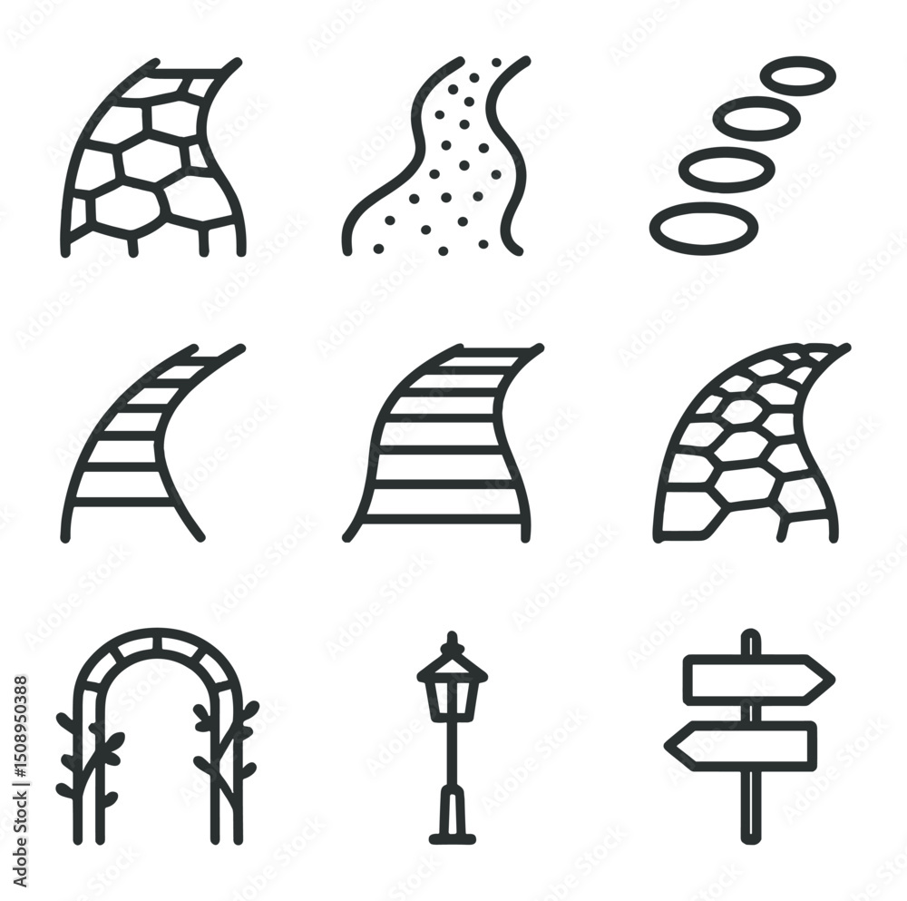 Garden Path Icon Set. Outline icon set of garden pathways: stone paver ...