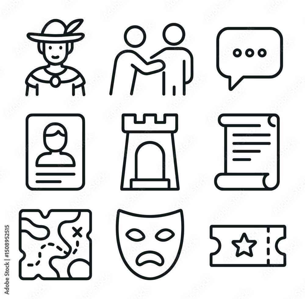 Interactive Theater Icons. Outline icon set of interactive theater and ...