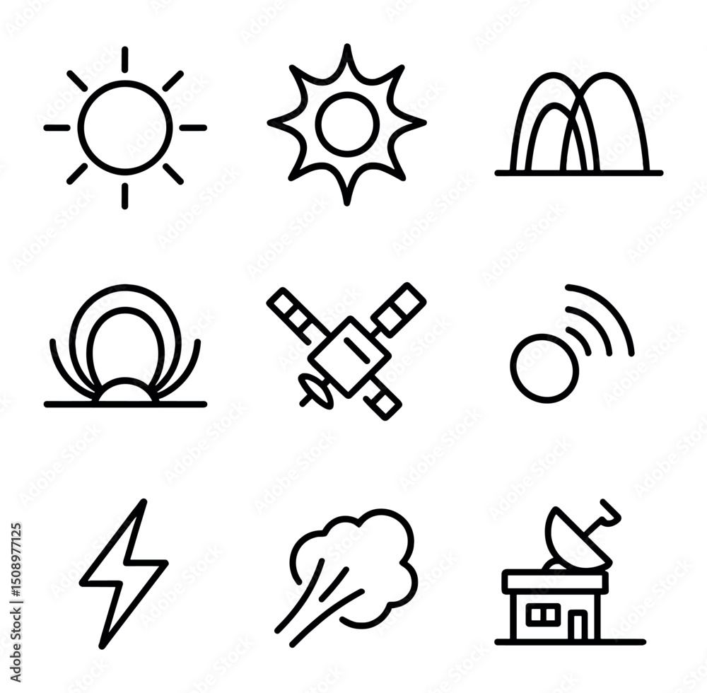 Solar Phenomena Icons. Outline icon set of solar flares and CMEs: sun ...