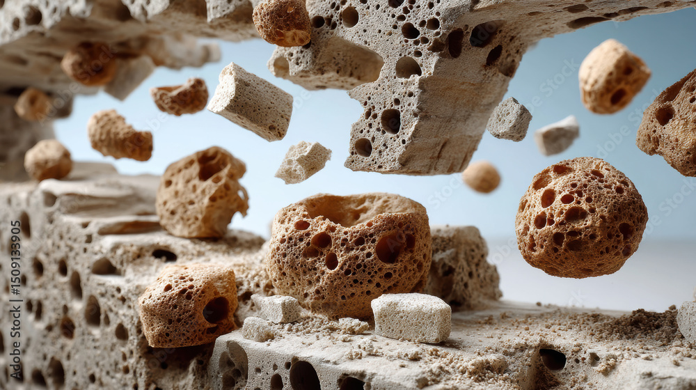 Dynamic floating porous rocks displaying varied textures in mid-air ...