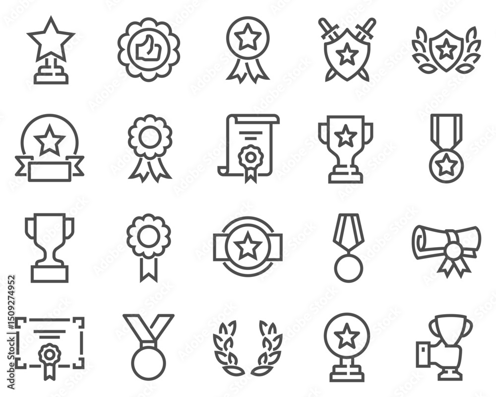 Line icon set of awards, trophies, medals, certificates, and ...