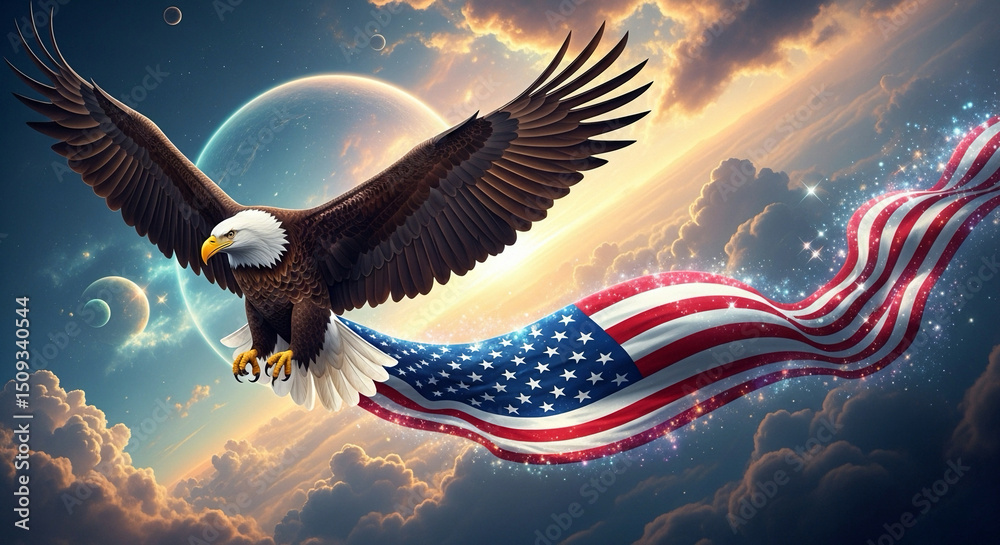 Surreal image of an eagle flying with an American flag trail in the sky ...