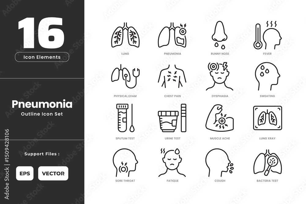 Pneumonia Icon Set Collection - Outline Line Art Style. Containing Lung ...