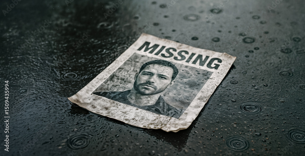 Soaked by Rain Water Missing Person Poster with Lost Man Photo Lying on ...