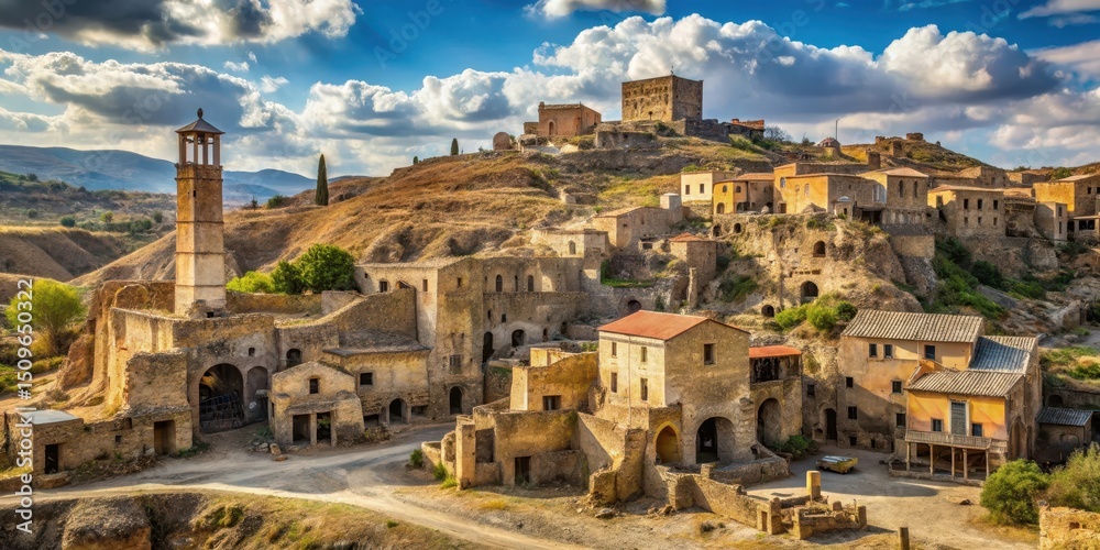Ancient Roman mining town with crumbling stone buildings and a vast ...