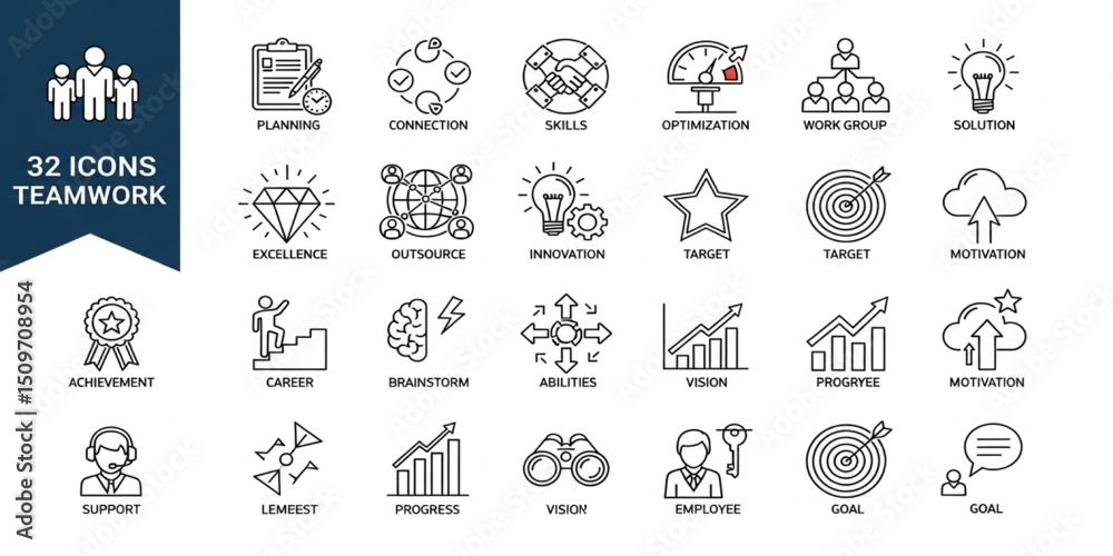 Teamwork Icons - 32 Line Art Business Symbols for Planning, Connection ...