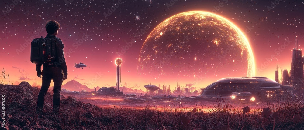 bustling interstellar outpost where aliens and humans interact ...