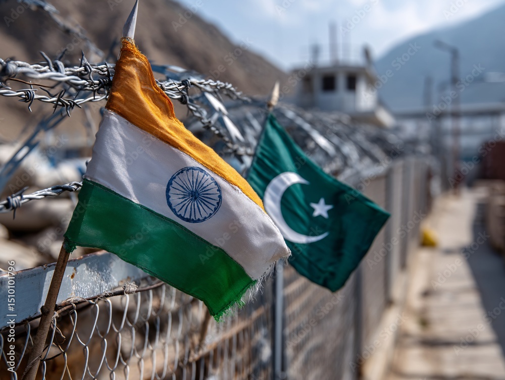Flags of India and Pakistan at Border: Close-up of the flags of India ...