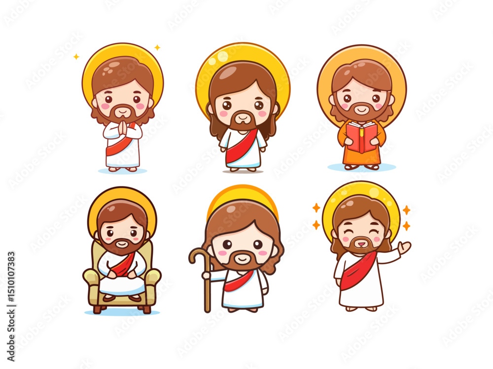 Cute Jesus Christ Vector Illustration Set Cartoon Style For Christian ...