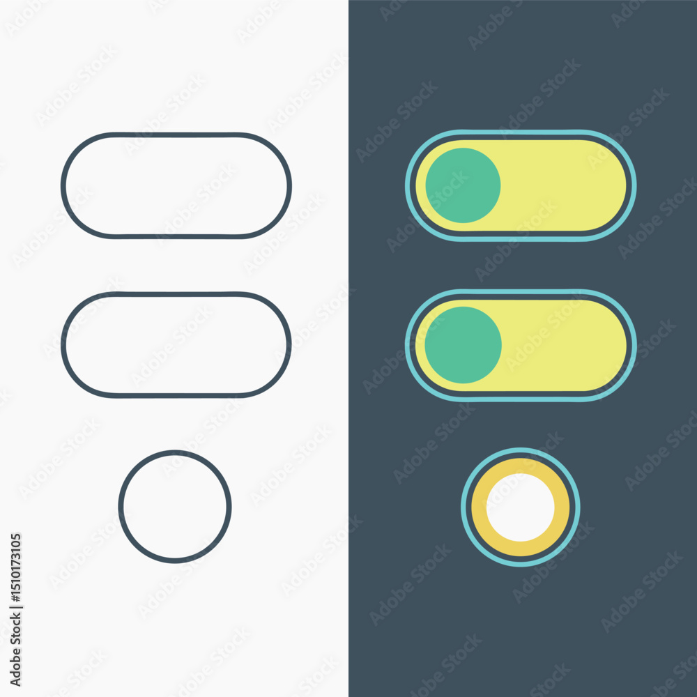 Toggle Switch Buttons in On and Off States with Outline and Color ...
