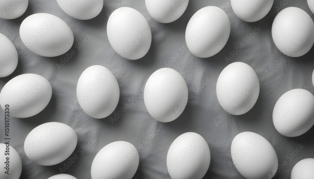 Monochrome pattern of white eggs placed evenly on soft gray fabric, top ...