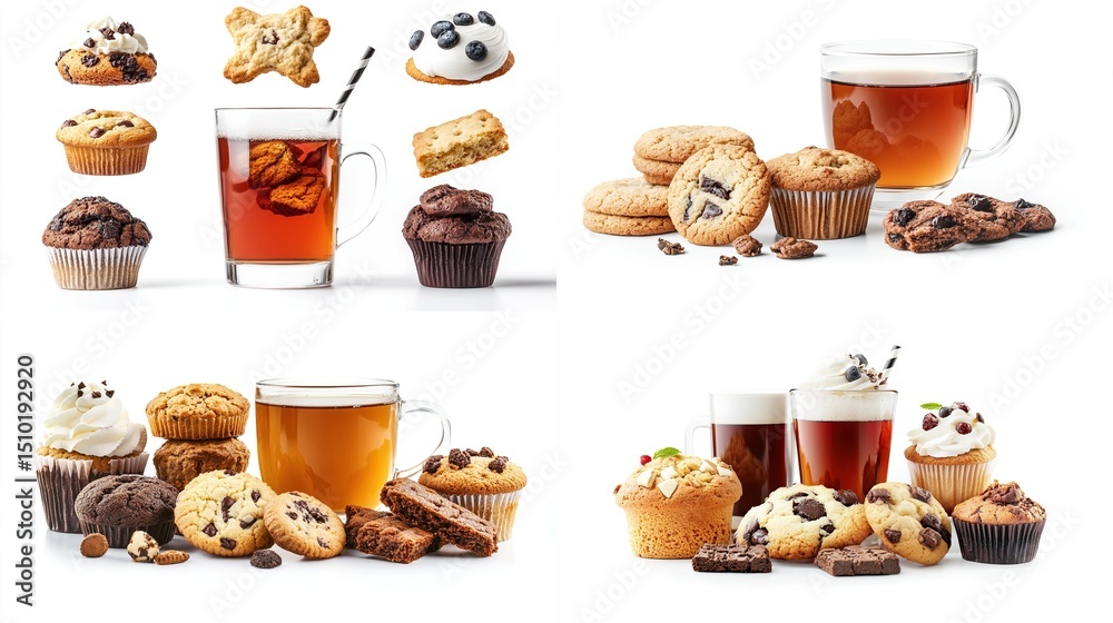 Four quadrants of assorted baked goods and beverages, including muffins ...