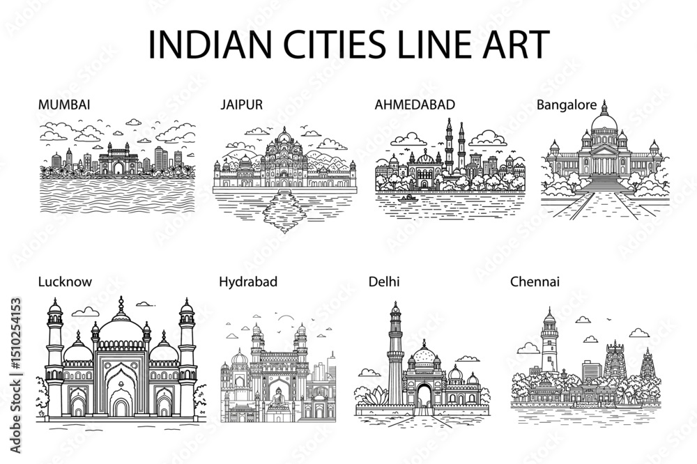 top indian cities line art vector bundle chennai, mumbai, delhi ...