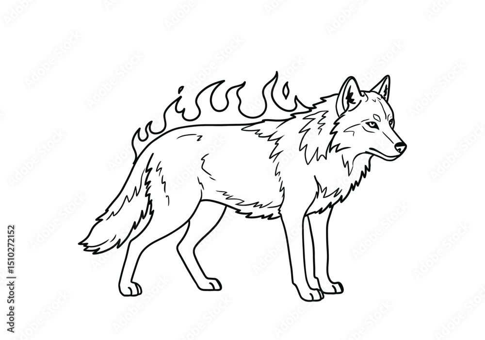 Fire wolf drawing. It is a powerful black and white outline drawing of ...