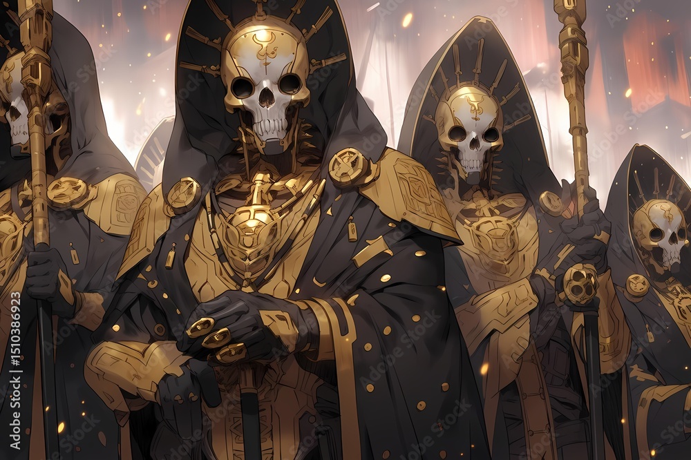 Anime illustration of elite soldiers in formation, gold armor, staffs ...