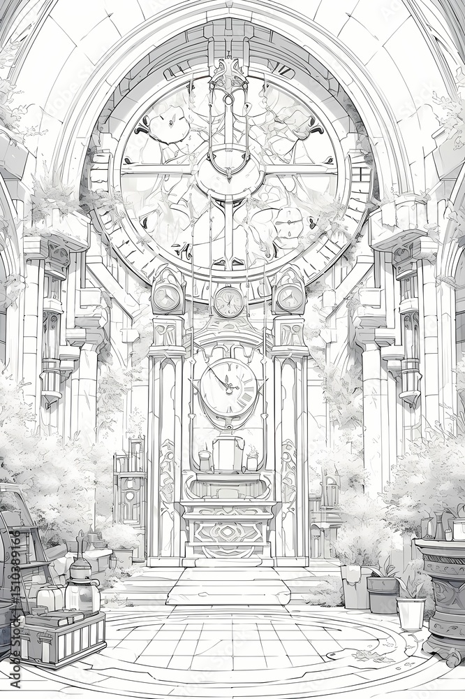 Grand monochromatic anime study, high ceiling, circular window, unique ...