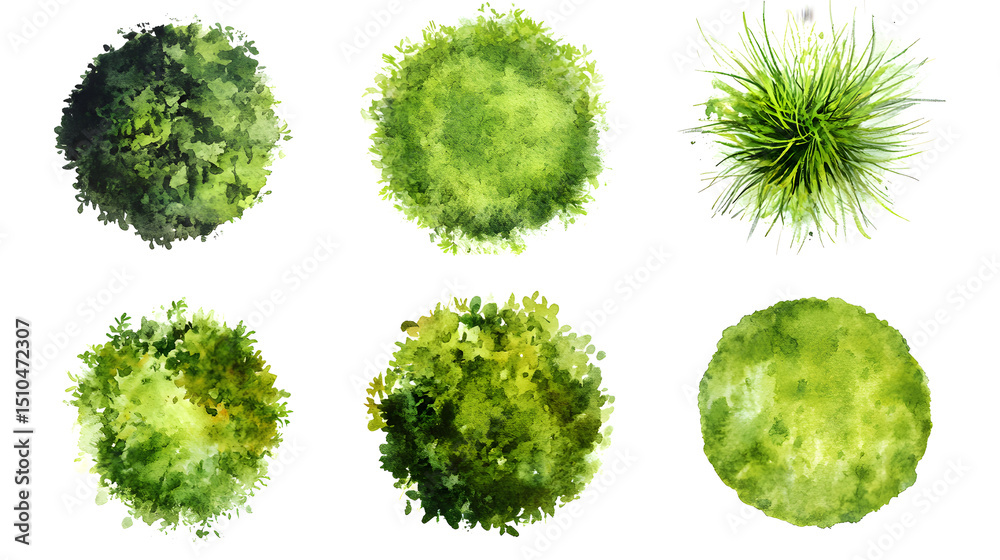green grass isolated on white background, Set of watercolor tree top view for landscape plan and ...