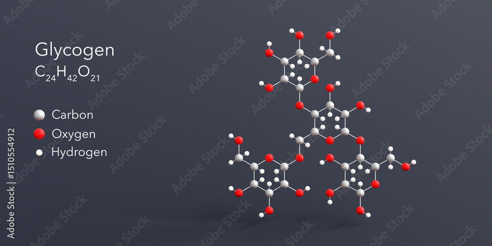 glycogen molecule 3d rendering, flat molecular structure with chemical ...