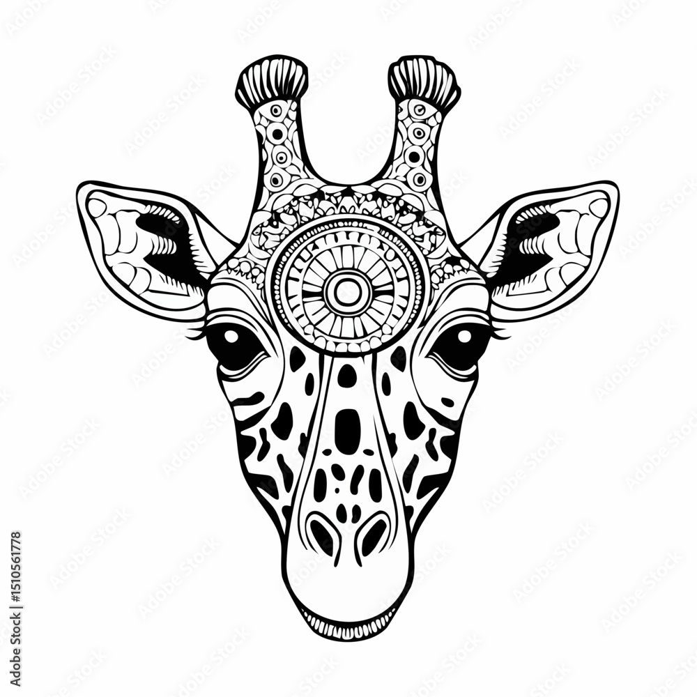 Giraffe mandala coloring page for adults black and white illustration ...
