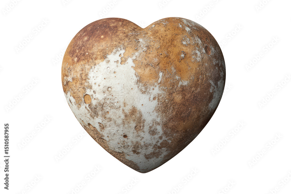 Heart-shaped moon with detailed crater surface in natural earth tones ...