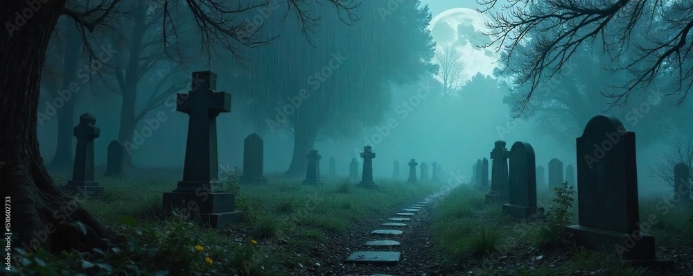 Eerie, misty rain falls on a deserted graveyard, tombstones barely ...