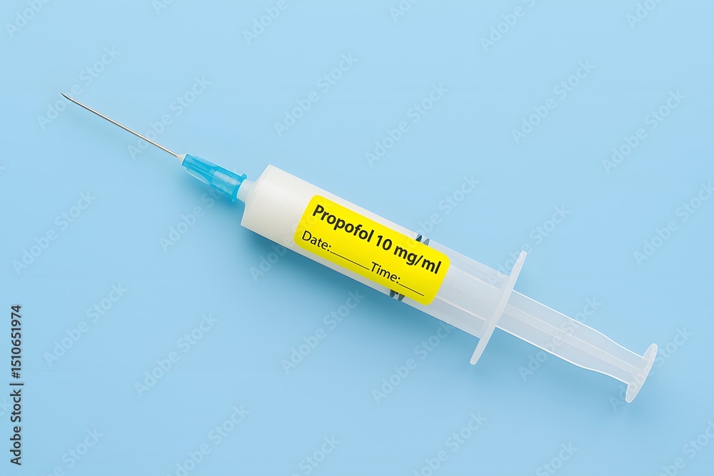 High-resolution 4K image of a labeled Propofol 10 mg/ml syringe with ...