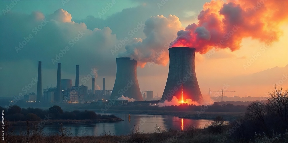 Damaged power plant, smoke billowing from a broken reactor, industrial ...