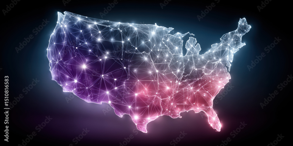 Digital map of United States with glowing network connections showing ...