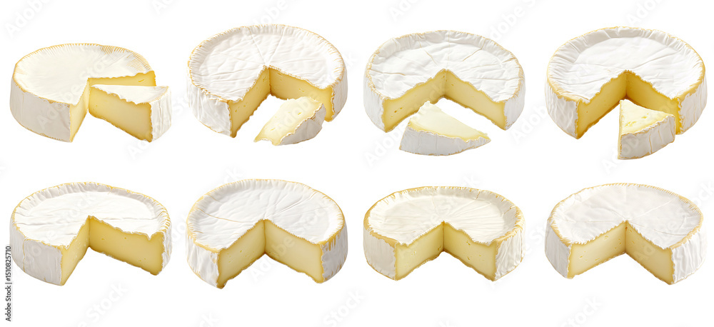 Collection of various A round of brie cheese with a slice taken out ...