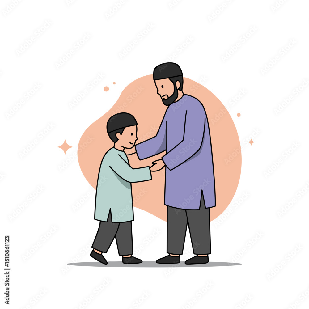 Muslim boy helping father in traditional clothing with soft background ...
