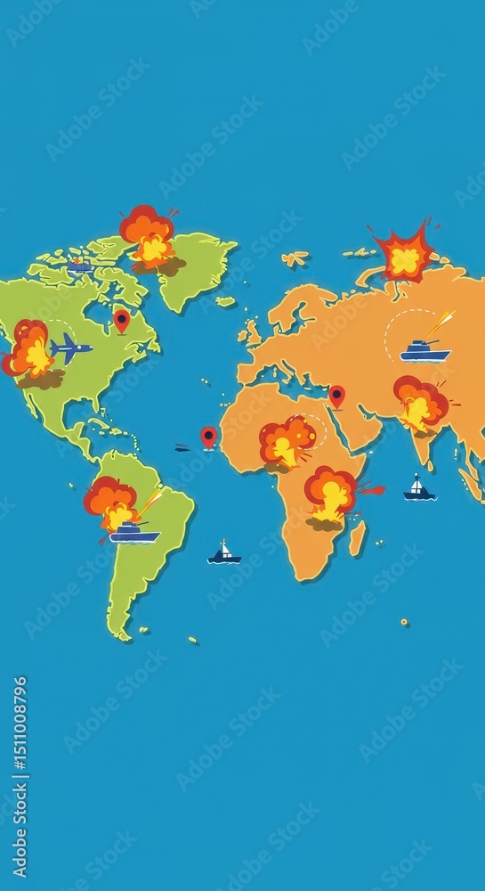 Map displays various regions of the world affected by conflict, marked ...