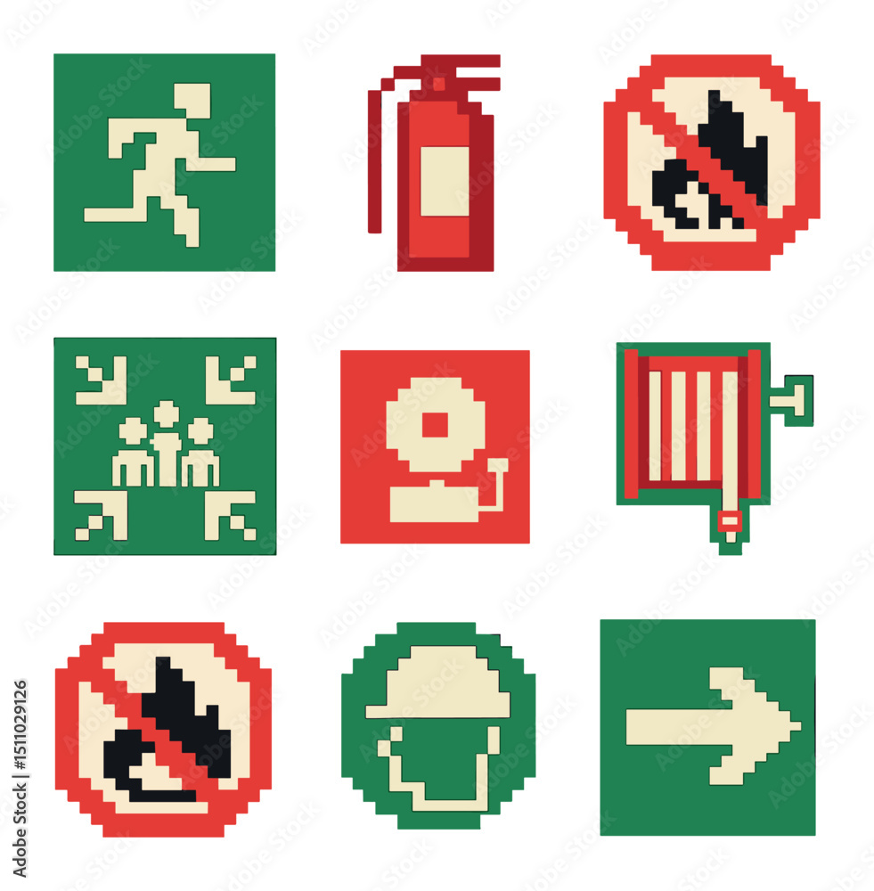 Fire Safety Icons. Pixel art icon set of fire safety signs and symbols ...