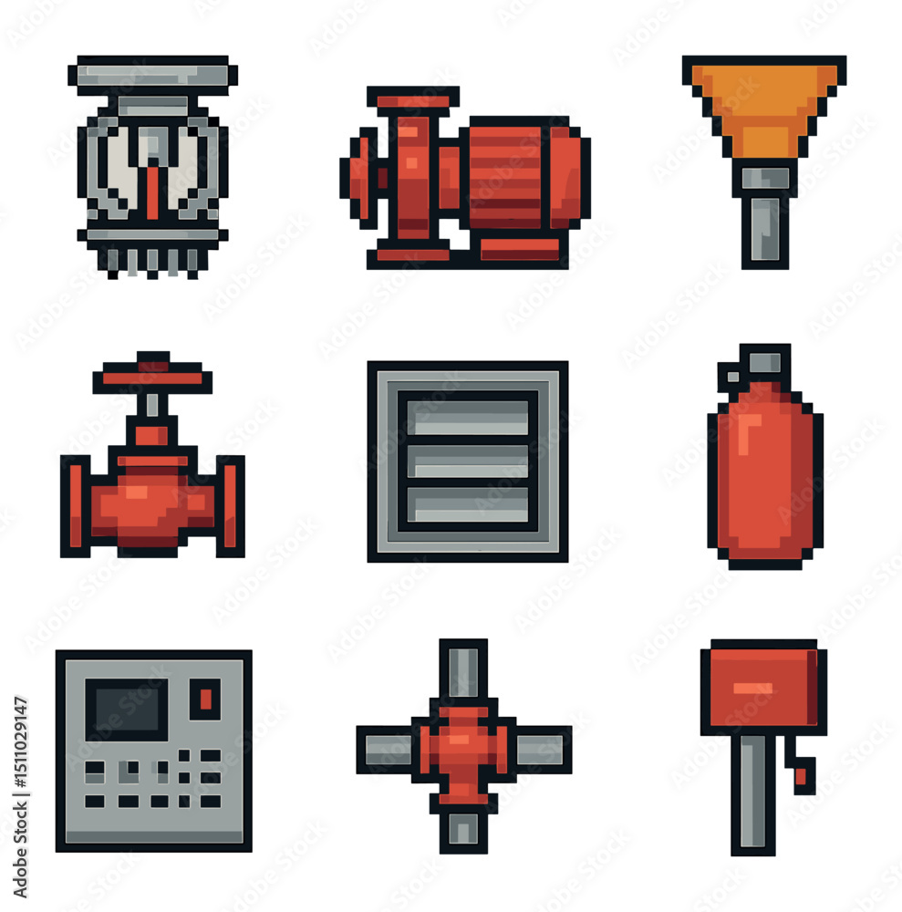 Fire Safety Icons. Pixel art icon set of fire suppression systems ...