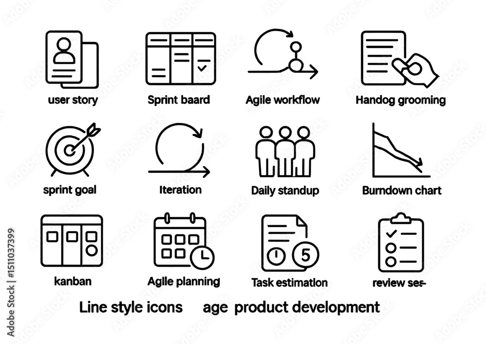 Line style icons of agile product development: user story card, sprint ...