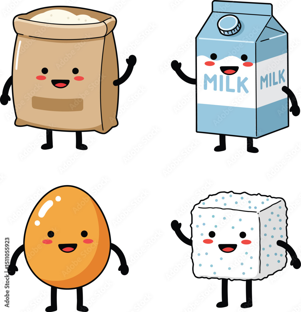 Stock-Vektorgrafik „Cute cartoon food characters of sugar milk egg and ...